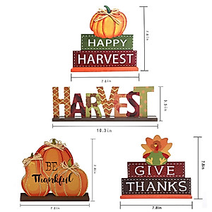 MorTime 4 Pack Thanksgiving Themed Table Centerpiece Signs, Wood Pumpkin Table Decor Harvest Autumn Glittery Pumpkins Table Topper for Home Office Thanksgiving Decorations