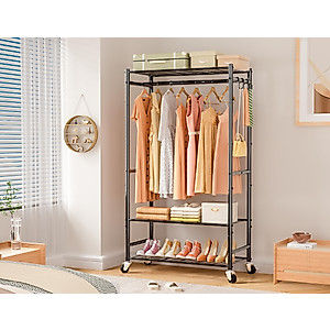 Neatrays Rolling Clothes Rack for Hanging Clothes,Heavy Duty Garment Rack with 3 Tier Wire Shelves,Freestanding Portable Clothing Rack Wardrobe Rack, Black