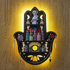 FNYDOX Hamsa Hand Crystal Shelf Display for Wall with 4 Hooks & LED Light, Wooden Knick Knack Display Shelf, Sun & Moon Gem Stone Rock Organizer Trinket Storage Holder