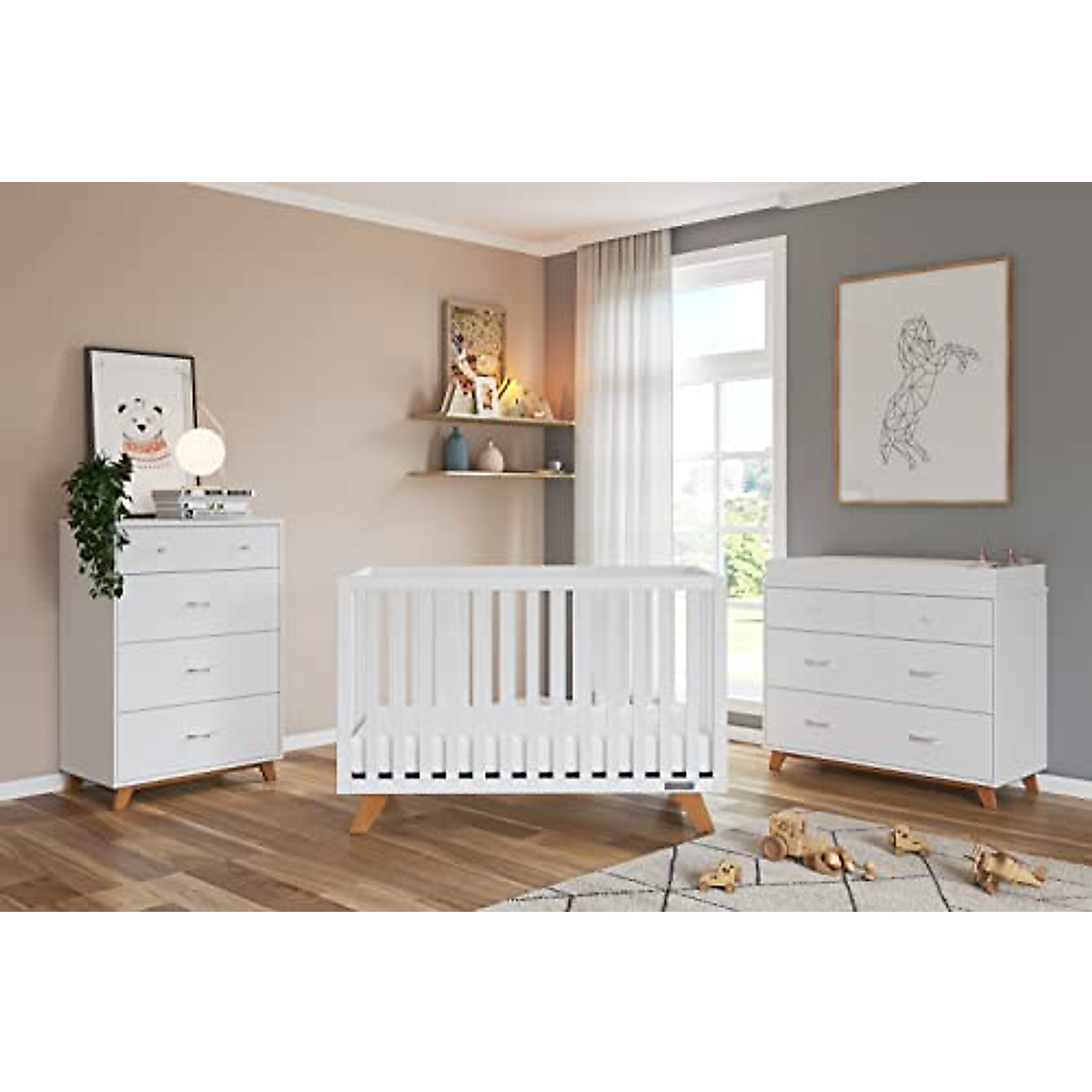 Child Craft SOHO 4 Drawer Mid-Century Modern Chest, Anti-Tip Kit, Extra-Large Storage for Baby Nursery, Kid’s Room (White/Natural)