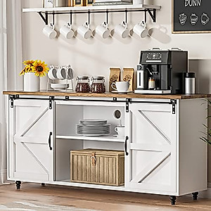 Farmhouse Coffee Bar Cabinet with Storage, 58’’ Kitchen Sideboard Buffet Storage Cabinet with Sliding Barn Door, White Cabinet with Adjustable Shelves, Buffet Table for Living Dining Room