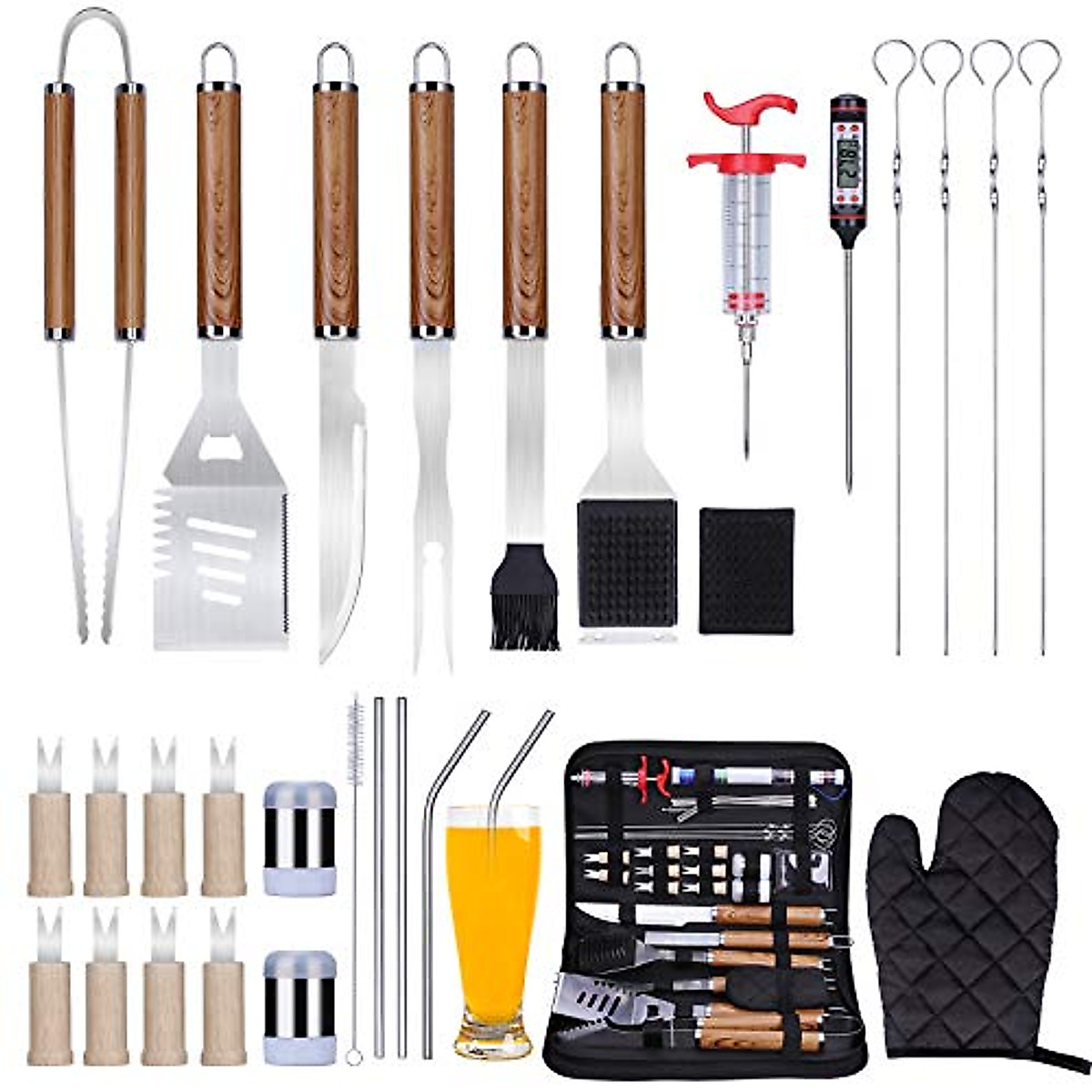 Grilling Accessories BBQ Grill Tools Set, 30Pcs Grilling Utensils Tool Gift Set for Kitchen, Camping, Kitchen, Backyard Barbecue with Tongs Spatula Thermometer Meat Injector Carry Bag