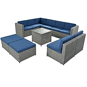 9 Piece Rattan Sectional Seating Group with Cushions and Ottoman, Patio Furniture Sets, Outdoor Wicker Sectional, Grey Ratten+Blue Cushions