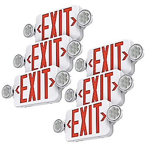 SASELUX Red Led Exit Sign Emergency Light Combo Adjustable Two Head, Double Sided and Battery Backup Exit Light, Contractor Select, AC 120/277V (6 Pack)