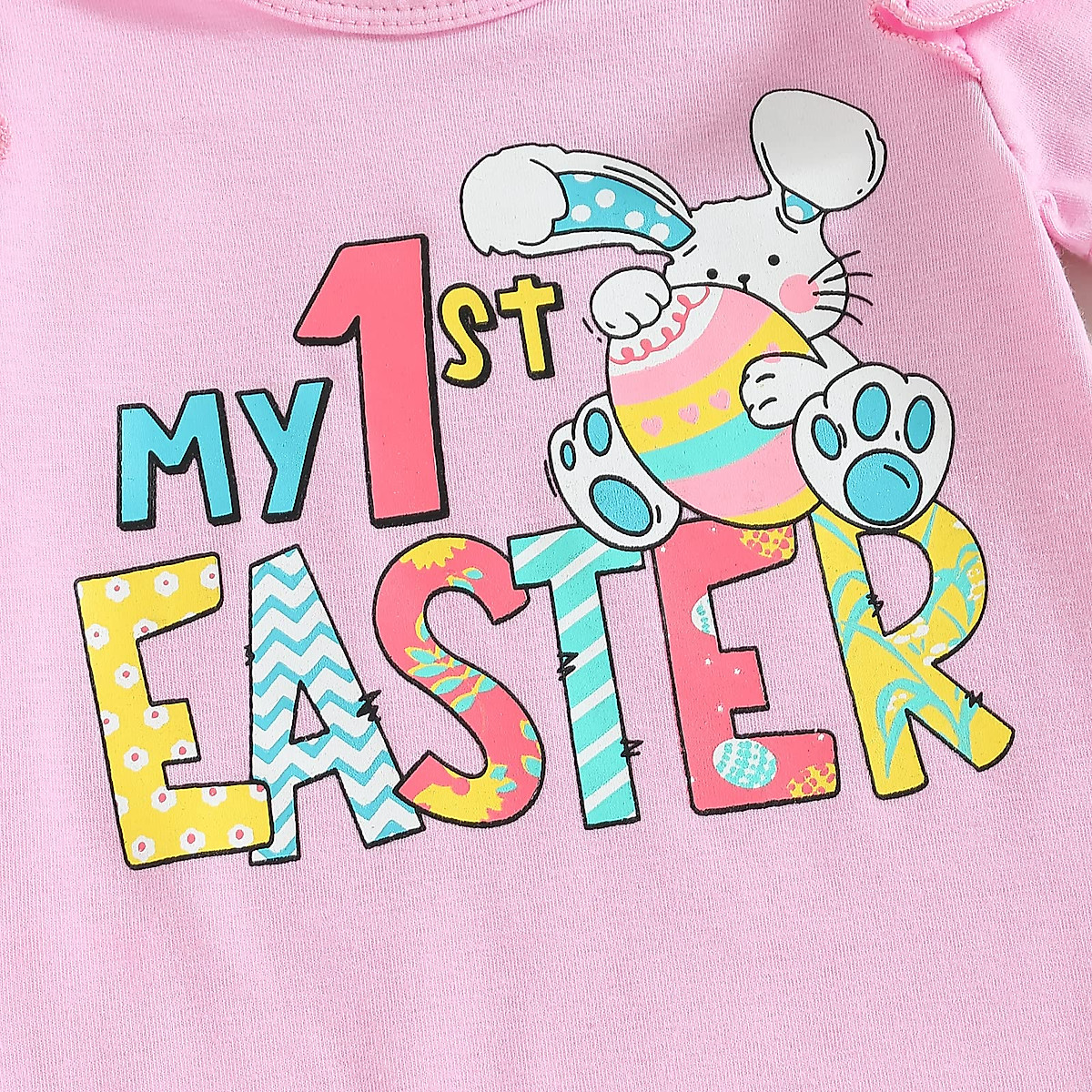 My 1st Easter Baby Girl Outfits Short Sleeve Bunny Romper Shirt Easter Egg Bell-Bottom Pants Headbands 3Pcs Sets (Pink, 0-3 Months)