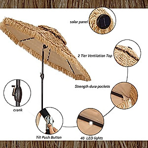 GDY 9 FT 32 LED Hula Thatched Tiki Umbrella, Hawaiian Style Beach Patio Umbrellas with Center Light for Patio Garden Beach Pool Backyard