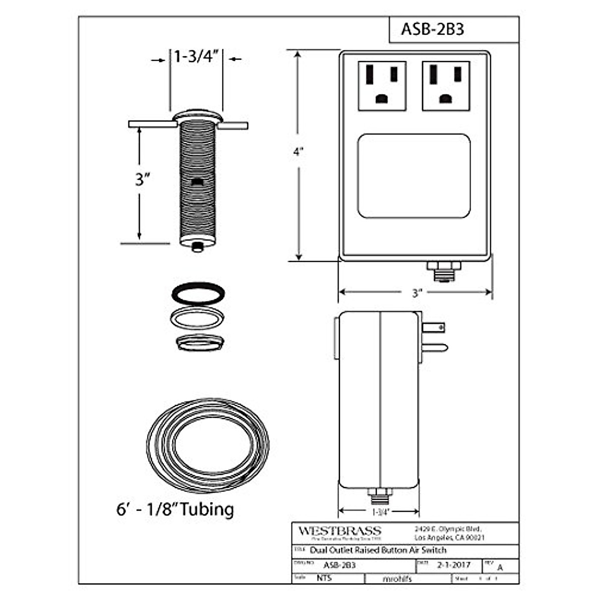 Westbrass RASB-2B3-05 Sink Top Waste Disposal Air Switch and Dual Outlet Control Box, Flush Button, Polished Nickel