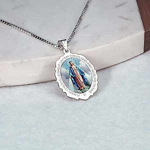 PicturesOnGold.com Sterling Silver Scalloped Virgin Mary Catholic Oval Miraculous Medal Necklace Pendant for Women (Sterling Silver - 1/2 Inch X 2/3 Inch)