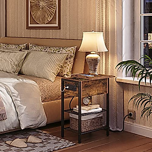 HOOBRO End Table with Charging Station, Narrow Side Table with USB Ports and Outlets, Flip Nightstand for Small Spaces, Sofa Couch Table Bedside Table, Living Room Bedroom, Rustic Brown BF158UBZ01G1