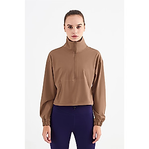 altiland Half Zip Pullover Cropped Jackets for Women Long Sleeve Workout Athletic Running Yoga Shirts (S, Cocoa Brown)