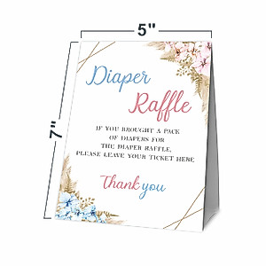 JCVUK BOHO Baby Shower Games, 1 Diaper Raffle Standing Sign with 50 Diaper Raffle Tickets, Pampas Grass Bohemian Theme Gender Reveal Party Decorations and Supplies For Boys or Girls(LBLK-A02)
