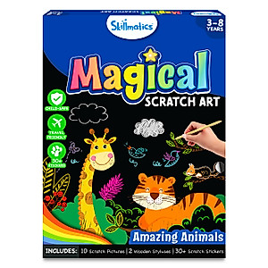 Skillmatics Magical Scratch Art Book for Kids - Animals, Craft Kits & Supplies, DIY Activity & Stickers, Gifts for Toddlers, Girls & Boys Ages 3, 4, 5, 6, 7, 8, Travel Toys