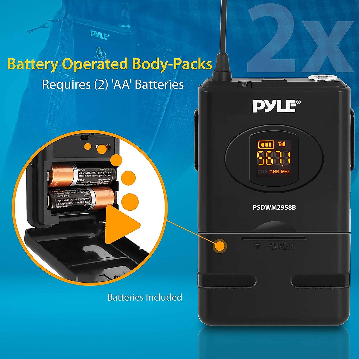 Pyle Compact UHF Wireless Microphone System-Pro Portable Dual Channel Desktop Digital Set w/ 2 Belt-Pack Transmitter, Receiver, 2 Headset, Lavalier Mics, XLR, for Home, PA (PDWM2958B.5)