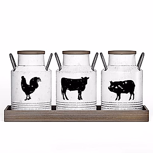 Barnyard Designs Decorative Galvanized Metal Jars with Rustic Handles, Wood Lids and Tray, Vintage Farmhouse Primitive Country Home Decor Jugs with Farm Animal Designs, White, Set of 3