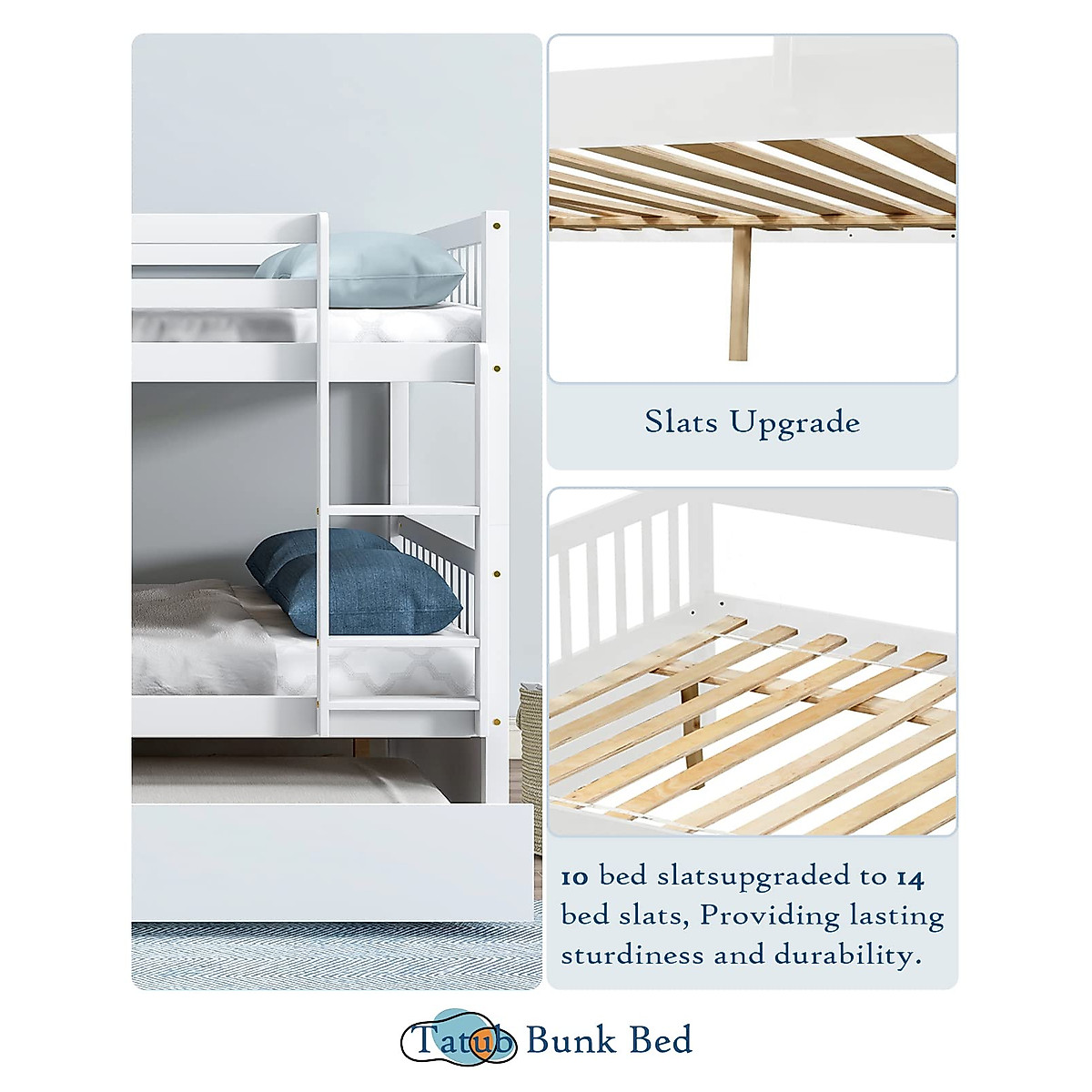 Tatub Full Over Full Bunk Bed with Trundle, Pine Wood Frame, Ladder and Guard Rails, Solid Bunk Bed with Trundle for Kids, Teens, Adults, No Box Spring Needed, Grey