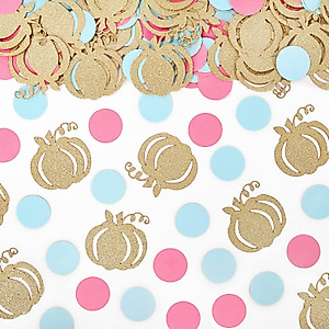 Whaline 300pcs Thanksgiving Little Pumpkin Confetti Glitter Gold Pumpkin Baby Shower Table Confetti Round Pink Blue Paper Dots for Thanksgiving Fall Gender Reveal Baby Birthday Supplies Table Decor