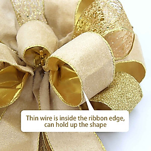 Christmas Tree Topper Bow, 43x13 Inches Large Toppers Bows for Christmas Tree, Glitter Satin Mesh Streamer and Wired Edge, Xmas Ornament Treetop Hanging Decorations & Gift