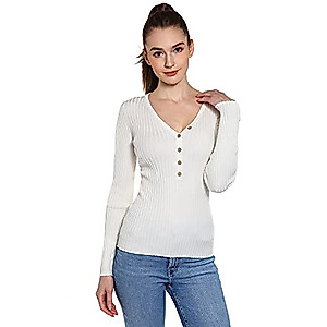 AmélieBoutik Women V Neck Henley Long Sleeve Pullover Ribbed Sweater (Ivory Large)