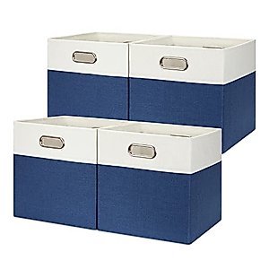 Temary Fabric Storage Cubes Bins 11x11 Cube Storage Organizer Bins with Handles, 4 PCs Blue Storage Baskets for Organizing Home, Collapsible Storage Boxes for Toys, Clothes (White&Blue)