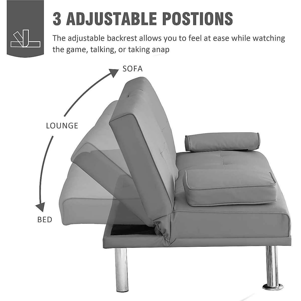 Ucloveria Futon, Multifunctional Foldable Recliner Sleeper Sofa w/ 2 Cup Holders, Loveseat Daybed Guest Bed for Compact Living Spaces, Apartments, Dorms, w/Removable Armrests, Gray(Faux Leather)