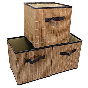 Seta Direct, Brown Natural Bamboo Collapsible Cube Storage Bins Shelf Organizer [3 Pack]