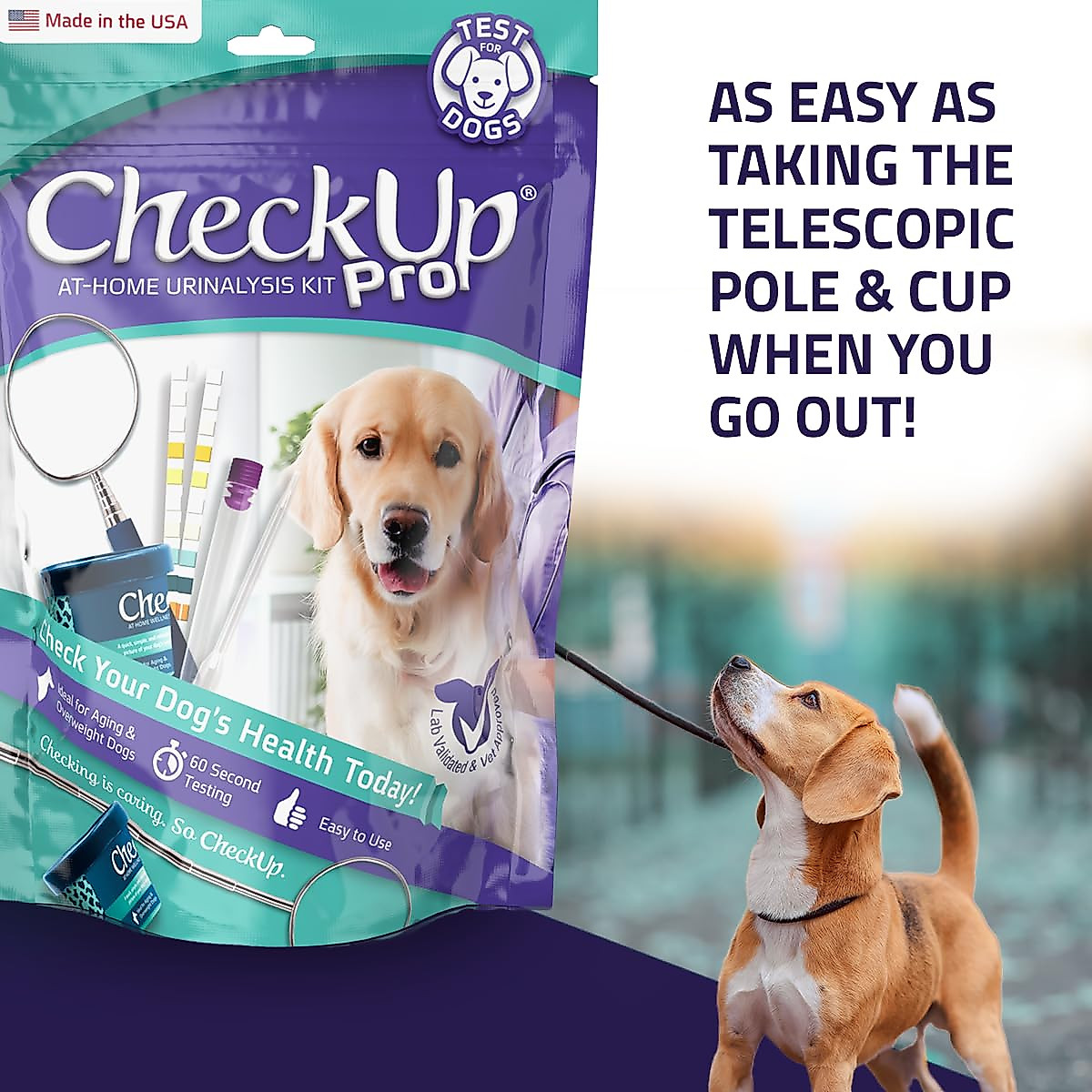 CheckUp Pro at Home Wellness Test for Dogs | Telescopic Pole, Cup, 2 Strips | Early Detection of 10 Health Indicators | pH, Protein, Urobilinogen, Glucose, Bilirubin, Ketone, S-Gravity, Blood in urine