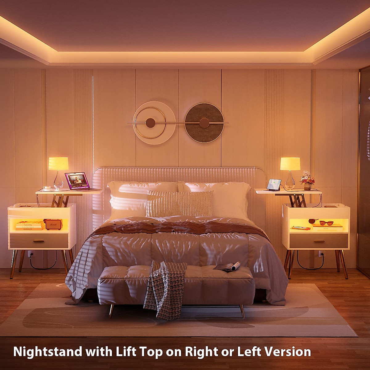 Cyclysio 35'' Nightstands Set of 2 with Reversible Lift Top, Large Night Stand with Lights, Tall Bedside Table with Charging, White Modern Side Table