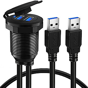 BATIGE Alloy Dual Port USB 3.0 Car Dashboard Flush Mount Cable, Male to Female with LED Indicator Extension Cable for Car Truck Boat Motorcycle Dashboard Panel - 3ft