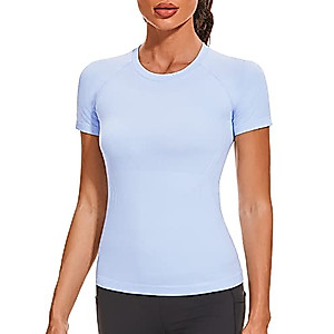 Stelle Women Workout Shirts Seamless Short Sleeve Yoga Tops for Sports Running Breathable Athletic Slim Fit (Short Sleeve-Blue,S)
