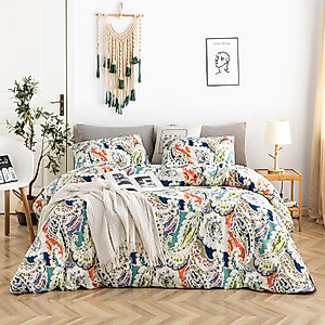 YuHeGuoJi Bohemian Paisley Duvet Cover King 100% Cotton Colorful Boho Floral Duvet Cover 3 Pcs Set 1 Blue Orange Damask Duvet Cover with Zipper Ties 2 Pillowcase Southwestern Vintage Bedding
