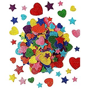 450 Pieces Colorful Glitter Foam Stickers Self Adhesive Stars Mini Heart Shapes Glitter Stickers, Kid's Arts Craft Supplies Greeting Cards Stars Shapes Foam Stickers