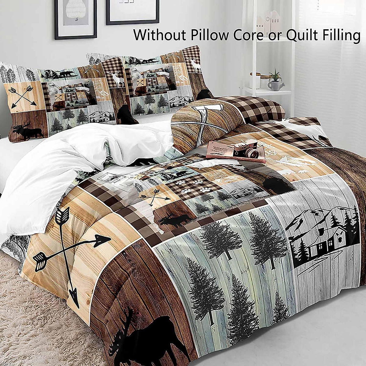 VIVIHOME 3PCS Black Bear Moose Deer Duvet Cover, King Bedding Set, Vintage Brown Plaid Country Farmhouse Rustic Bedding, Forest Animal Wildlife Hunting Cabin Lodge Quilt Comforter Cover, 2 Pillowcases