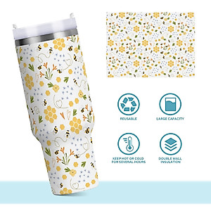 MCHIVER Bee Honey 30 oz Tumbler with Handle and Straw Stainless Steel Vacuum Water Bottle Leak-proof Travel Coffee Mug Thermos Water Bottle for Hot Cold Beverages