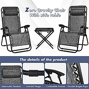 Tangkula 3 Pieces Outdoor Zero Gravity Chair Set, Folding Reclining Lounge Chair with Adjustable Backrest, Head Pillow, Matching Table with Cup Holder, Camping Recliner for Poolside, Yard (Grey)