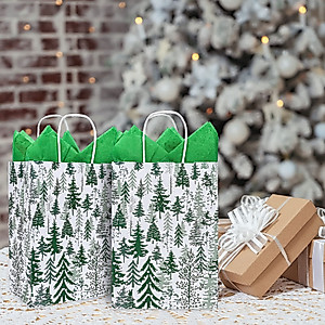Whaline 12 Pack Christmas Paper Gift Bags with Handle Winter Medium Size Watercolor Xmas Tree Candy Goodie Bags with Green Tissue Paper for Xmas Holiday Party Supplies