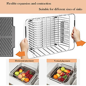 YEECOPON Dish Rack in Sink, Expandable Over The Sink Dish Drying Rack with Utensil Holder and Silicone Drainage pad (Large + 16" Silicone pad)