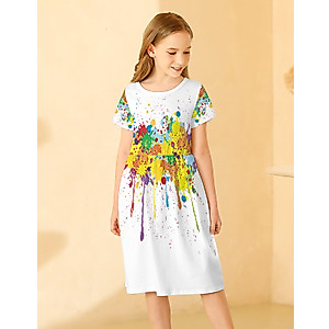 21KIDS Girls Floral Dress Kids Boho Short Sleeve Pleated Casual Dress with Pockets for Girls, Paint, 6 Years