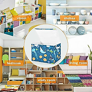 CaTaKu Blue Sea Fish Storage Bins with Lids and Handles, Fabric Large Storage Container Cube Basket with Lid Decorative Storage Boxes for Organizing Clothes