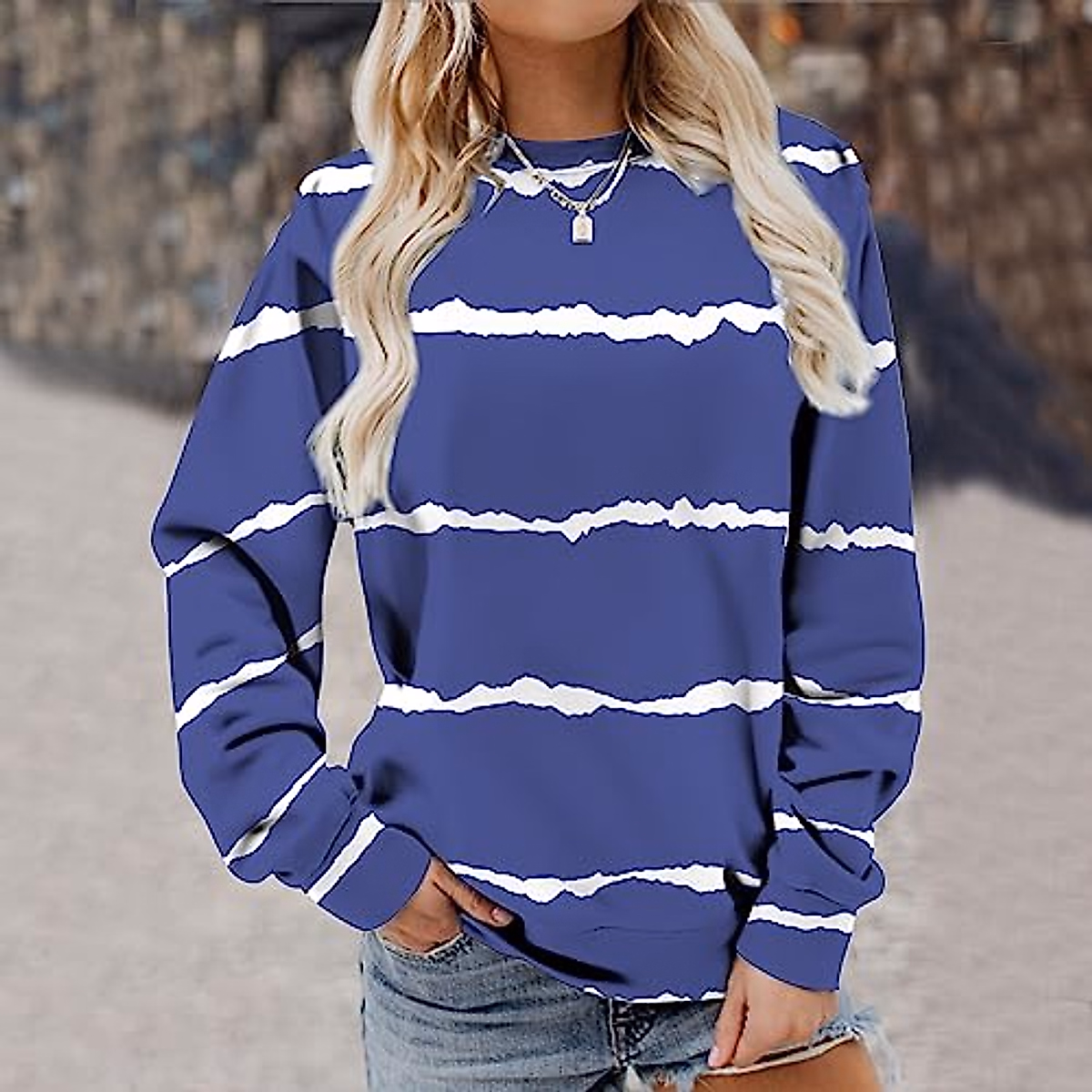 ysgfhgjw Long Sleeve Shirts for Women Crewneck Stripes Color Block Casual Blouses Pullover Comfy Loose Casual Tunics 2023