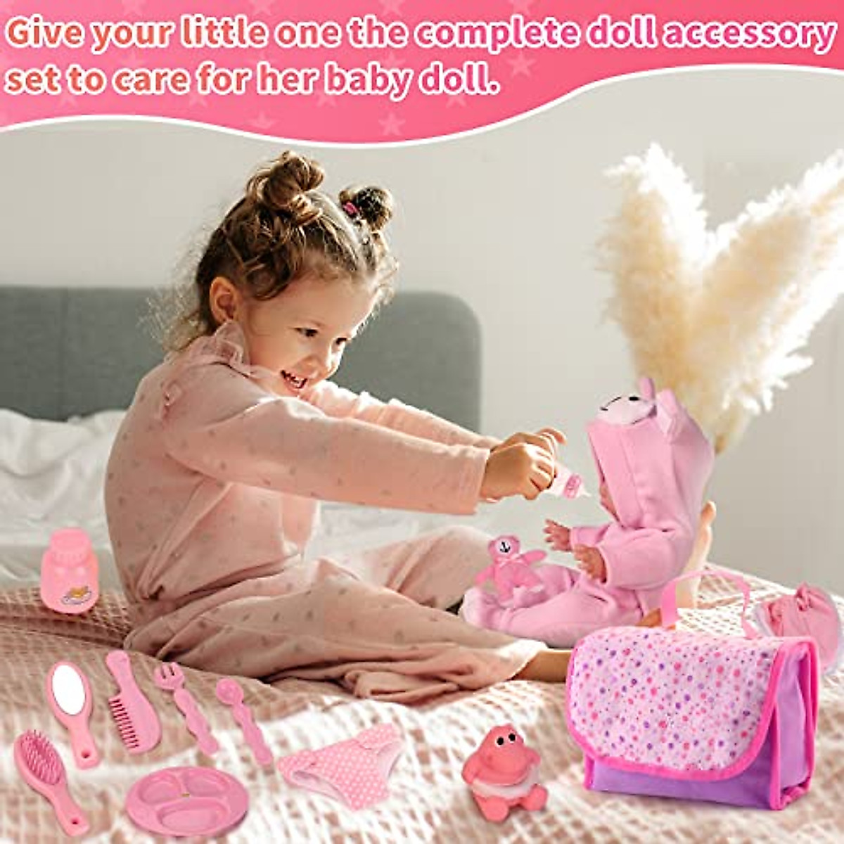 deAO 13 Inch Newborn 26 PCS Baby Doll with Clothes Doll Accessories Reborn Realistic Baby Dolls with Carrier Bassinet Bed,Pillow & Caring Set Baby Grow Up Doll for Kids Girl