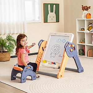 Costzon 6-in-1 Kids Table & Chair Set, Folding Art Easel w/Markers, Eraser, 102 Pcs Compatible Bricks, Reversible Building Block Tabletop, Storage Space & Baskets, Activity Table for Sand & Water