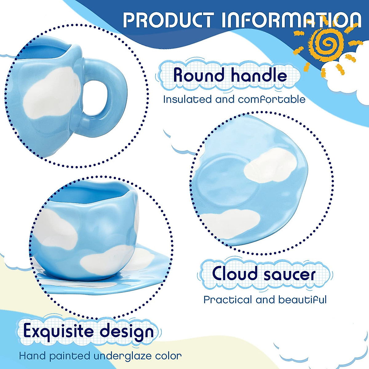 Cloud Ceramic Coffee Mug with Saucer Set, Cute Creative Cup Unique Irregular Design for Office and Home, Dishwasher and Microwave Safe, 10 oz/ 300 ml for Latte Tea Milk, Blue Sky and White Clouds
