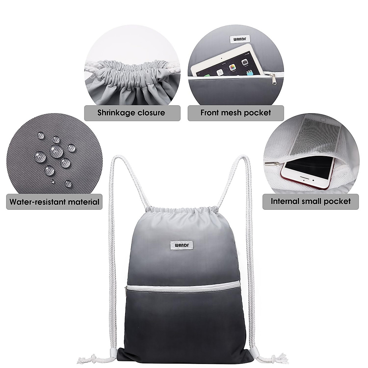 WANDF Drawstring Backpack String Bag Sackpack Cinch Water Resistant Nylon for Gym Shopping Sport Yoga (Grey)