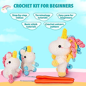 Crochetta Crochet Kit for Beginners, Amigurumi Crocheting Animals Kits w Step-by-Step Video Tutorials, Knitting Starter Pack for Adults and Kids, Jumbo 3 Unicorn Familly (40%+ Yarn Content)