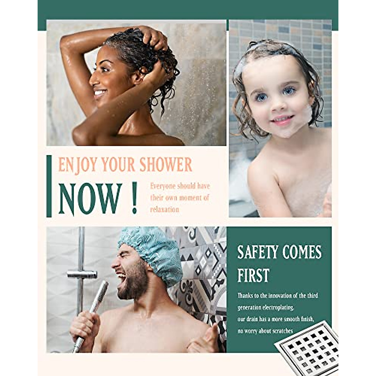 KUZOR Square Shower Drain 4 inch, Brushed Nickel 2 Pack Floor Drains for Shower with Flange and Hair Strainer, Brushed 304 Stainless Steel Quadrato Pattern Grate Removable, Fast 6.5 GPM Drainage