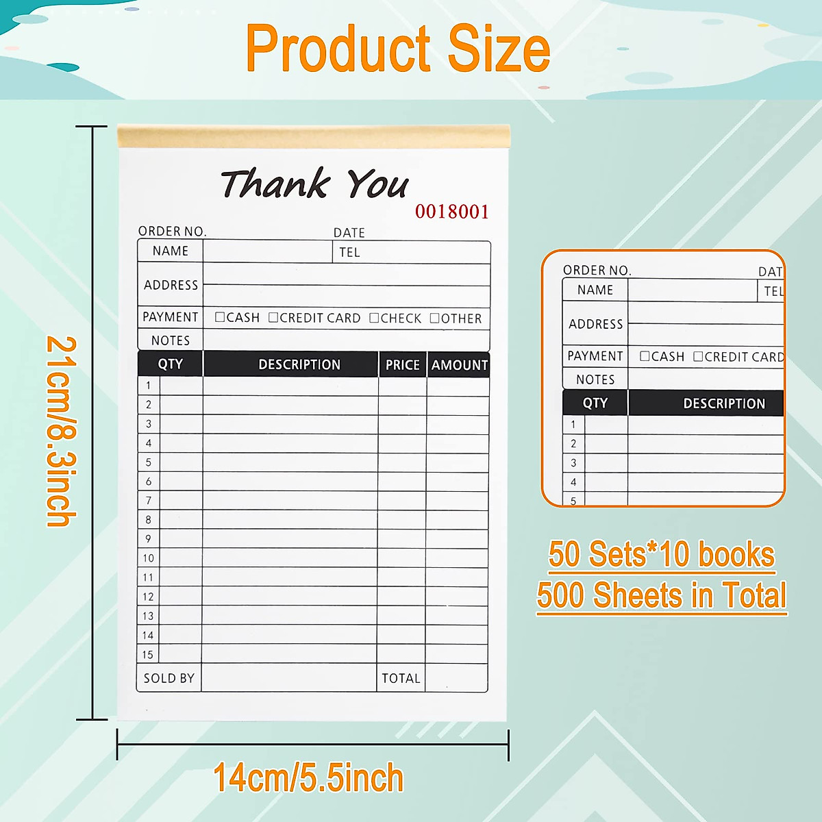 10 Pack Thank You Receipt Book, 2-Part Carbonless Sales Invoice Book with Cardboard for Small Boutique Business, (8.3x5.5 Inches, 50 Sets*10)