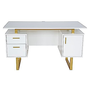Techni Mobili Storage Drawers and Cabinet 51.25” W-Modern Office Large Floating Desktop Surface Desk, 23.6" D x 51.2" W x 29.8" H, White/Gold