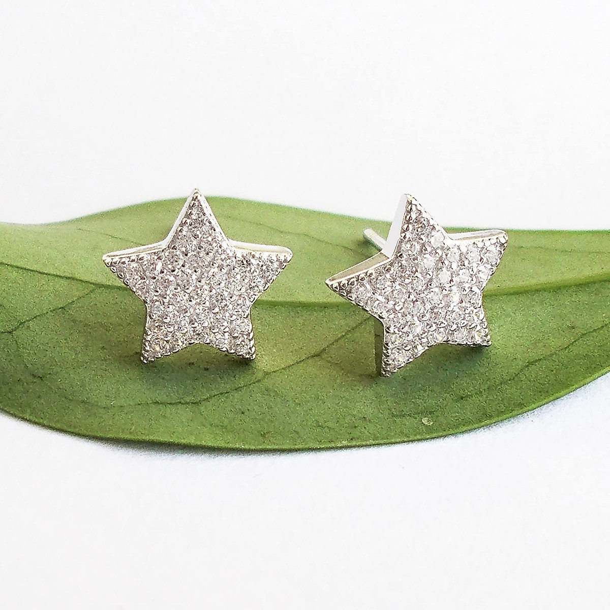 Hiqmic 925 Sterling Silver Fashion Star Rhinestone Ear Stud Earrings Piercing White Gold Plated Jewelry - Silver