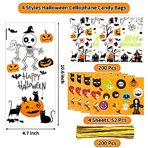 GOMANCHE Halloween Cellophane Treat Bags, 100 pcs Clear Halloween Goodie Bags with 100pcs Twists Ties, 4 Styles Halloween Cellophane Candy Bags with Gift Tag for Kids Halloween Party Supplies