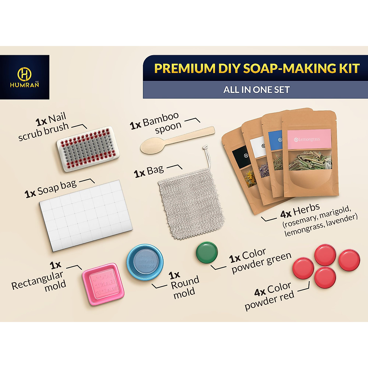 HUMRAN LLC Large Soap-Making Kit - Suitable for Adults, Kids, and Beginners - Incl. Dry Herbs - Soap Maker with Powdered Colors and Different molds - Great Gift idea